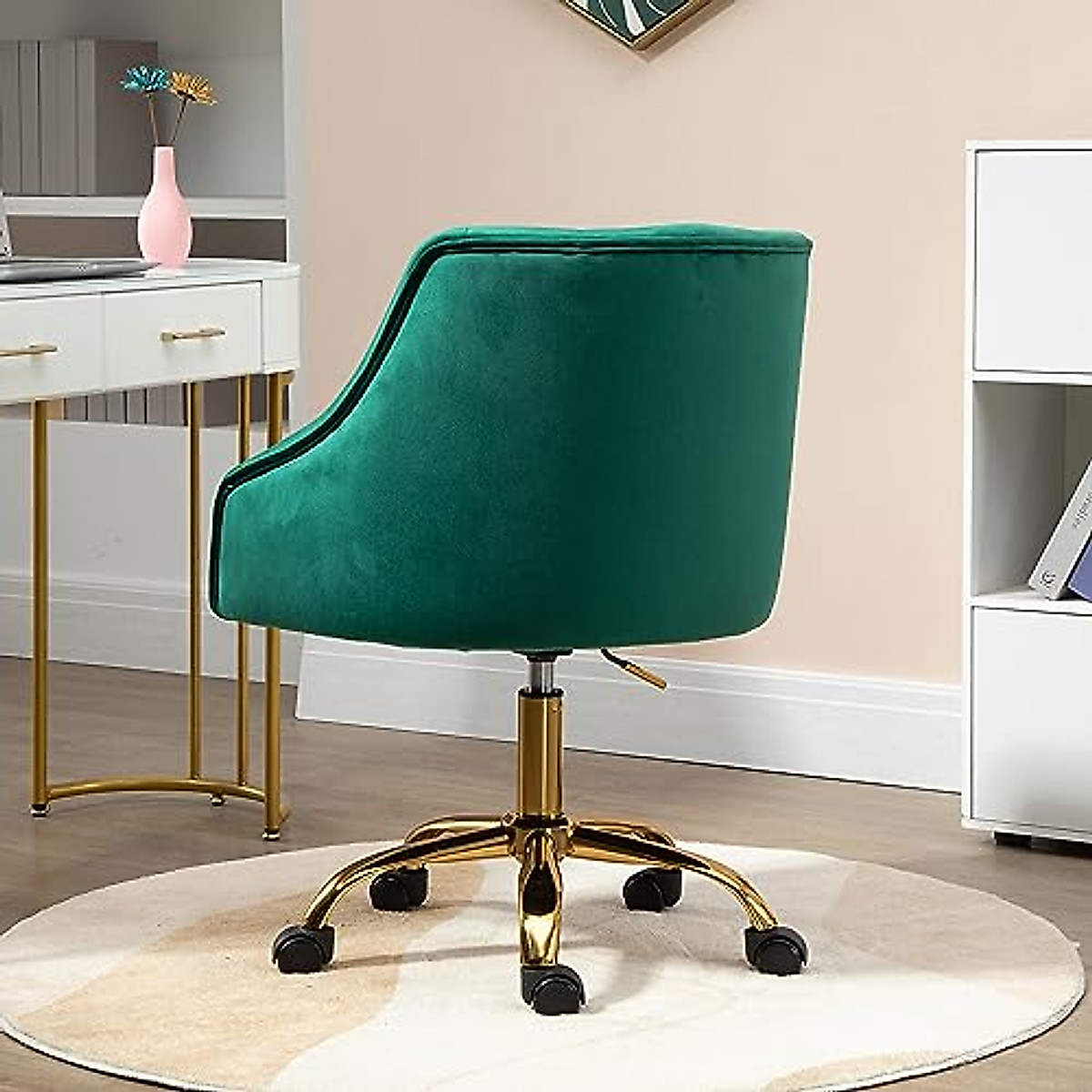 SSLine Modern Cute Desk Chair Home Office Mid-Back Computer Chair on Wheels Elegant Velvet Fabric Task Chair Living Room Upholstery Swivel Chair Vanity Chairs for Girls Women (V Type-Green&Gold)