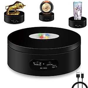 YVV LED Rotating Display Stand, Lighted Base- Crystal Glass Art, 360 Degree Automatic Mute Rotating Turntable, Motorized Display Stand with Colorful Lights, Tumbler Supplies Spinner 4.72in