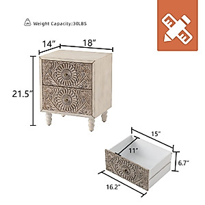 HOMPUS Nightstand, Rustic End Table with 2 Pattern Carved Drawers, Vintage Night Stand with 4 Wood Legs, Small Dresser for Bedroom, Living Room, Light Grey Grain