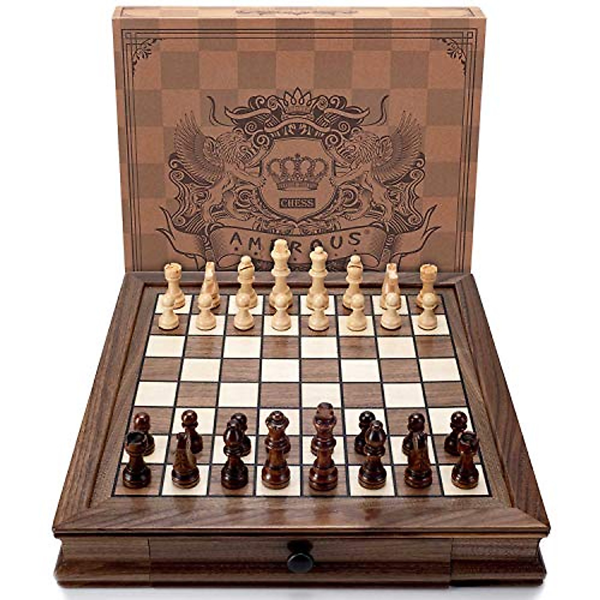 AMEROUS Magnetic Wooden Chess Set, 12.8" x 12.8" Chess Board Game with 2 Built-in Storage Drawers - 2 Bonus Extra Queens - Chess for Beginner, Kids and Adults, Gift Packaging