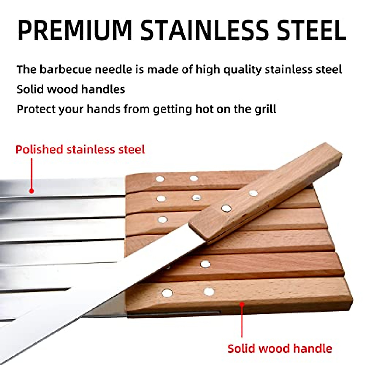 KAOROU Kabob Skewers 23 Inch Long,1 Inch Wide Heavy Duty Stainless Steel with Wood Handle， Perfect for Koobideh Kebab Persian/Brazilian Style Chicken Shrimp Kebab,Set of 7 with Bag