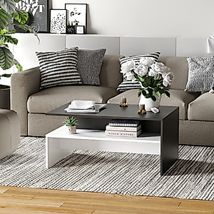 HOMCOM Modern Coffee Table, 2-Tier Rectangular Center Table with Storage Shelves for Living Room, Black/White