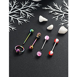 Leiainely Tongue Rings Piercing Jewelry for Women Men Work 14g 14 Gauge Cute Green Rainbow Surgical Stainless Steel Metal Clear Plastic Acrylic Silicone Para La Lengua Aretes Tounge Barbell Balls Set