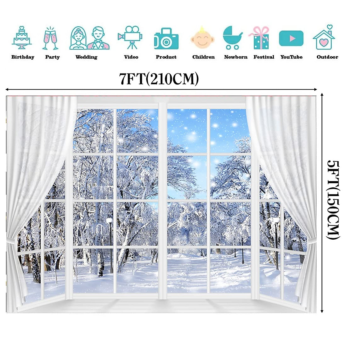 Winter Scene Backdrop Holiday Wonderland Snowflake Photography Background Window Forest Christmas Party Decoration Tree Landscape Kids Portrait Photobooth Photo Studio Props 7x5ft White