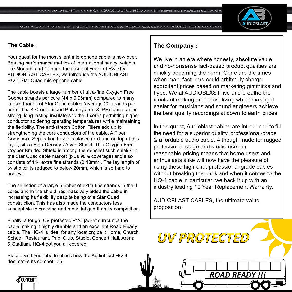 Audioblast - 2 Units - 3 Foot - HQ-4 - Star Quad Balanced Male to Female Microphone Cables with Eminence E311 & E312 Gold XLR Connectors – UV Protected & Road Ready