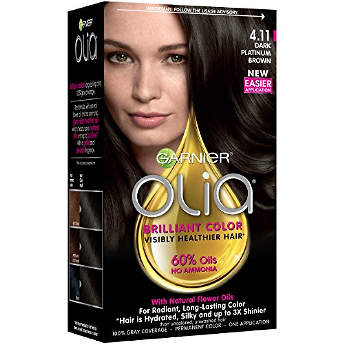 Garnier Olia Ammonia-Free Brilliant Color Oil-Rich Permanent Hair Color, 4.11 Dark Platinum Brown (Pack of 1) Brown Hair Dye (Packaging May Vary)
