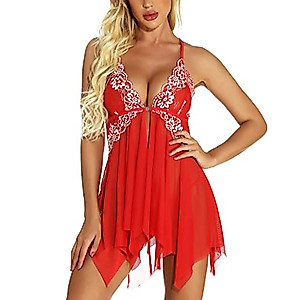 klier Lingerie for Women Lace Babydoll Sexy Chemise V Neck Mesh Sleepwear Dark Red