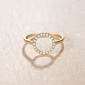 FANCIME 14K Solid Yellow Gold Genuine Diamond Open Circle Statement Ring 0.125CTTW Fine Jewelry For Women Teens, SIZE 7