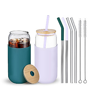 WillCome 20oz Glass Cups with Lids and 3 Types of Straws,Beer Can Shaped Glass Tumbler with Protective Sleeve,Cute Iced Glass Coffee Cup,Drinking Glasses for Smoothie,Beer,Gift,2Pack Green Purple