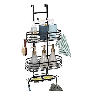 HEOMU Bathroom Hanging Shower Caddy, Shower Organizer Shelves with 4 Hooks, Rustproof & Waterproof Shower Storage Rack for Shampoo, Conditioner, Soap, Bath Sponge, Black