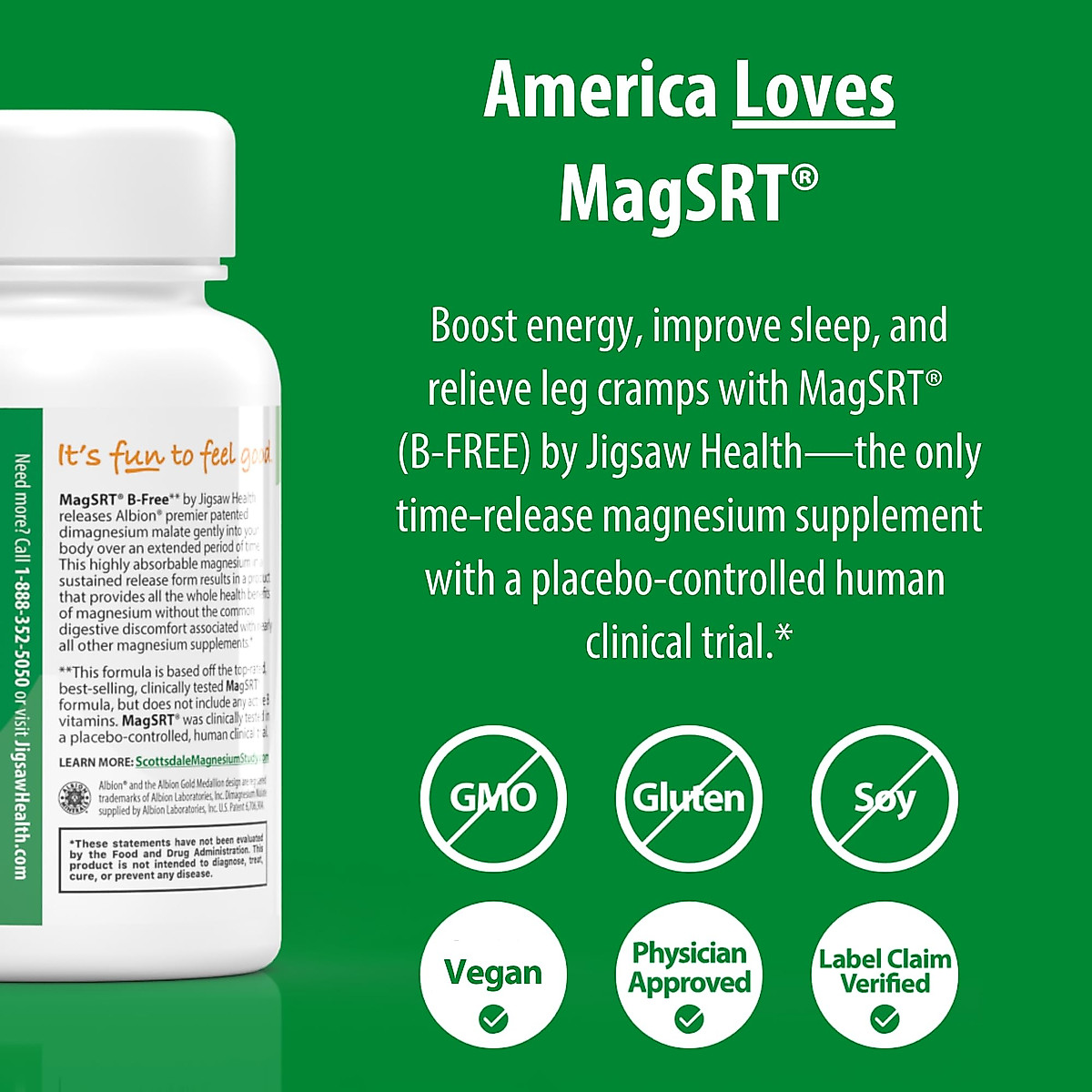 Jigsaw Health MagSRT (B-Free) | Premium, Organic, Slow Release Magnesium Supplement | Active, Bioavailable Magnesium Malate Tablets | 60 Tablets | 15 Servings