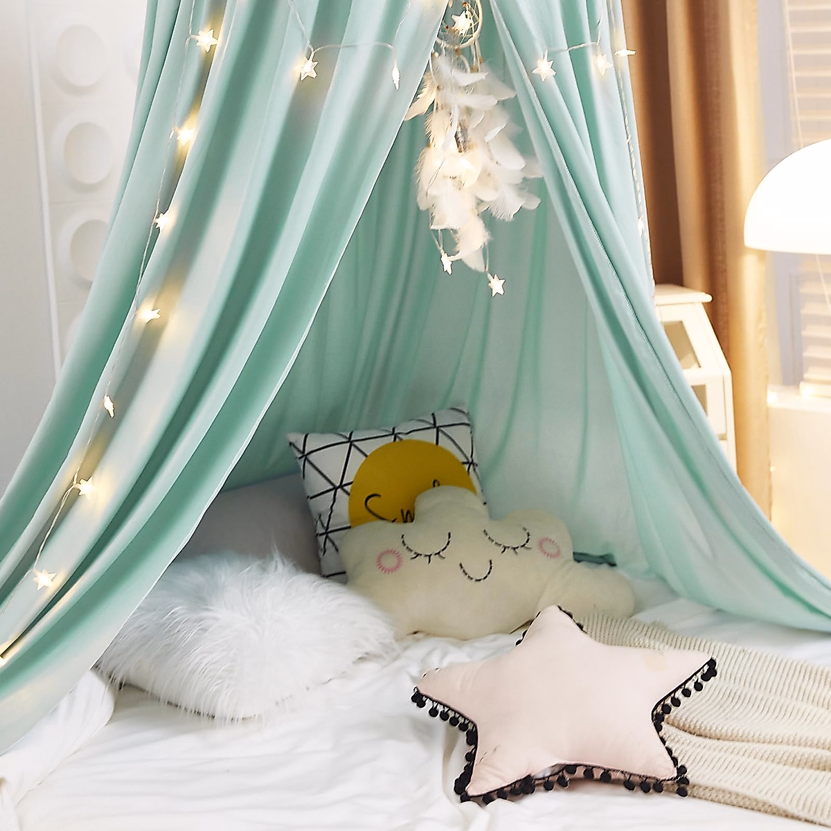 Kertnic Decor Canopy for Kids Bed, Soft Smooth Playing Tent Canopy Girls Room Decoration Princess Castle, Dreamy Mosquito Net Bedding, Children Reading Nook Canopies in Home (Green)
