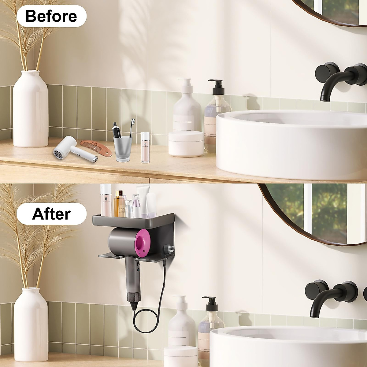 Hair Dryer Holder, Hair Dryer Holder Wall Mount with Storage Platform and Wire Hook Stand for Different Size Hair Blow Dryers, Hair Styling Care Tool Organizer for Bathroom