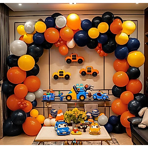 Race Car Balloon Arch - Blue Black Yellow Balloons Double Stuffed Black White Sand Yellow Balloons Navy Blue Orange Beige Balloon Garland Kit for Race Car Fire Truck Birthday Baby Shower Party Decor