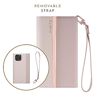 HABITU [Folio Collection 2022] Eris Tri-Fold Pink Wallet Case for iPhone 12/12 Pro, Detachable Vegan Leather Magnetic Folio with Card Pockets, Mirror & Strap for Women, Pink Eris