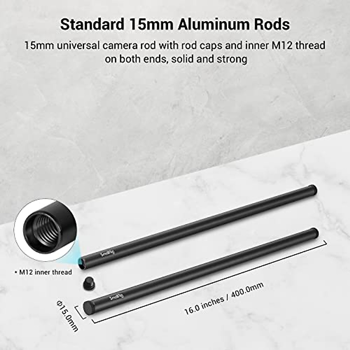 SmallRig 16 Inches (40 cm) Black Aluminum Alloy 15mm Rod with M12 Female Thread, Pack of 2 - 1054