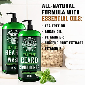 Viking Revolution Tea Tree Oil Beard Wash and Beard Conditioner For Men - Natural Beard Softener Set with Argan Oil, Vitamin E and Ginseng - Beard Shampoo and Conditioner Set (17 Oz)