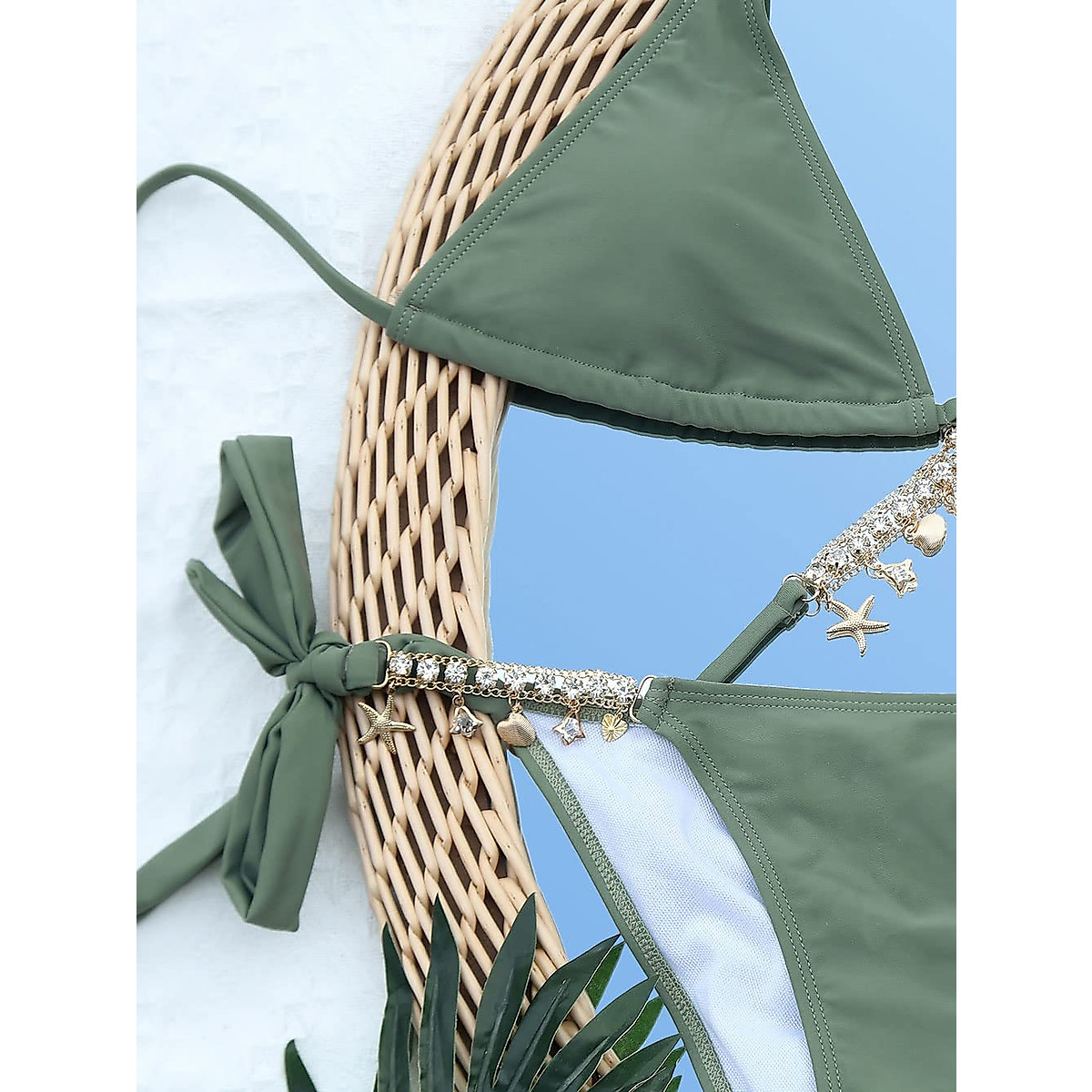 CHARTOU Women's Trendy 2 Piece Triangle Bikini Set Rhinestone Halter Bathing Suit Swimsuit (Small,Green2)