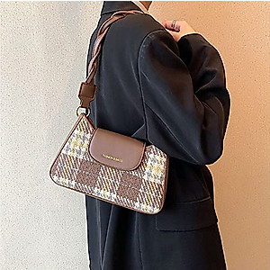 RTGGSEL Trendy Women‘s Lattice Plaid Striped Woolen Saddle Crossbody Shoulder Handbags Underarm Satchel Tote Clutch Purse Hobo Bag (Coffee)