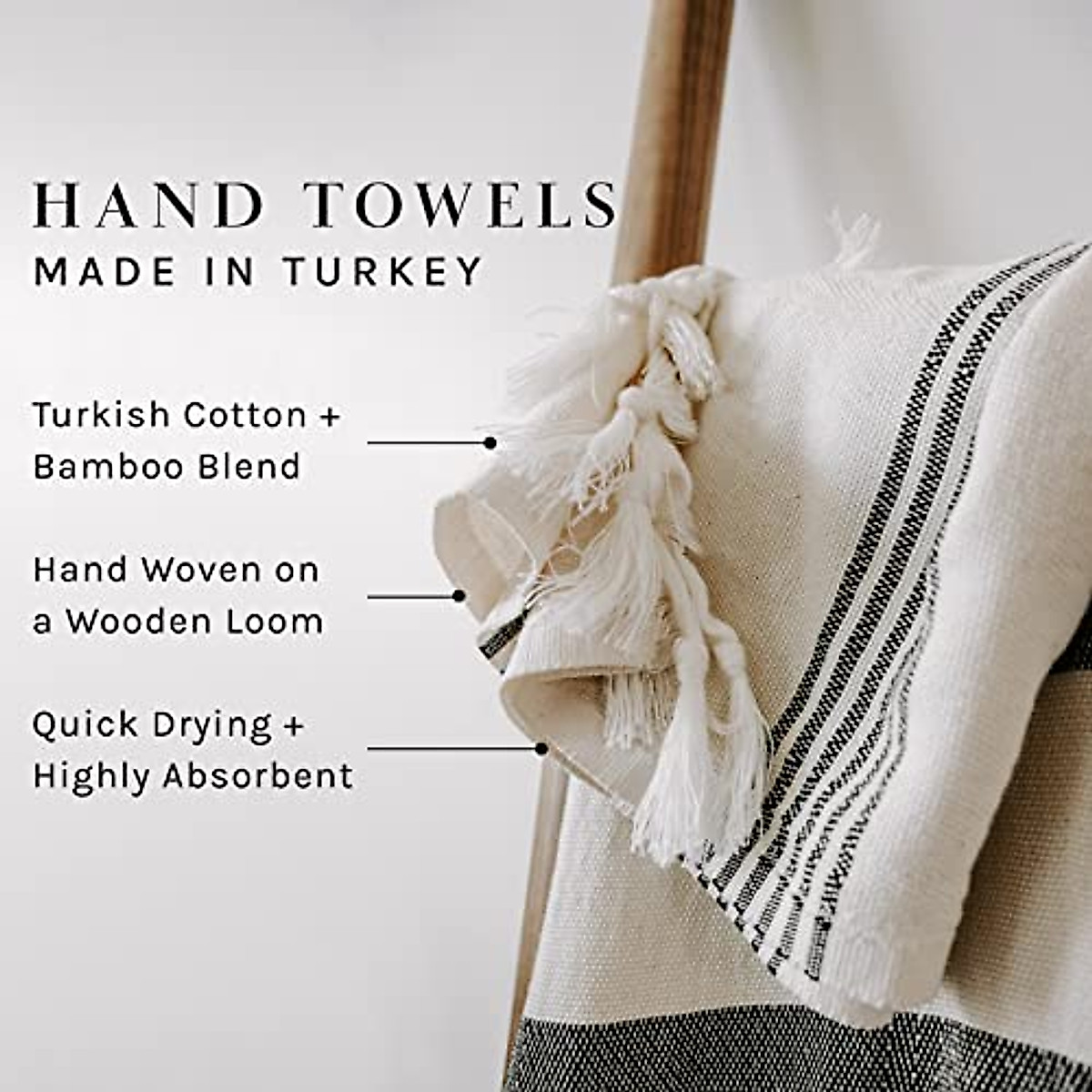 Sweet Water Decor Turkish Cotton + Bamboo Hand Towel, Large Size 19 x 35 inches | Natural with Decorative Stripes | Kitchen, Bathroom, Dish, or Baby Towel (Multi Black Stripes)
