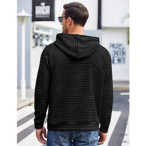 COOFANDY Men's Knit Hoodie Pullover Fashion Hip Hop Long Sleeve Drawstring Waffle Hooded Sweatshirt with Kanga Pocket, Black, Large