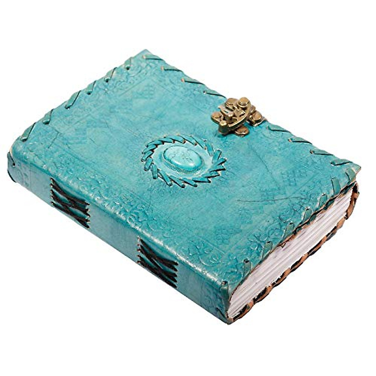 Tuzech Large Writing Notebook Handmade Leather Bound Vintage Journal For Women & Men with Lock & Semi-Precious Stone Gift For Art Sketchbook, Travel Diary & Notebooks To Write In 7 by 5 Inches Blue