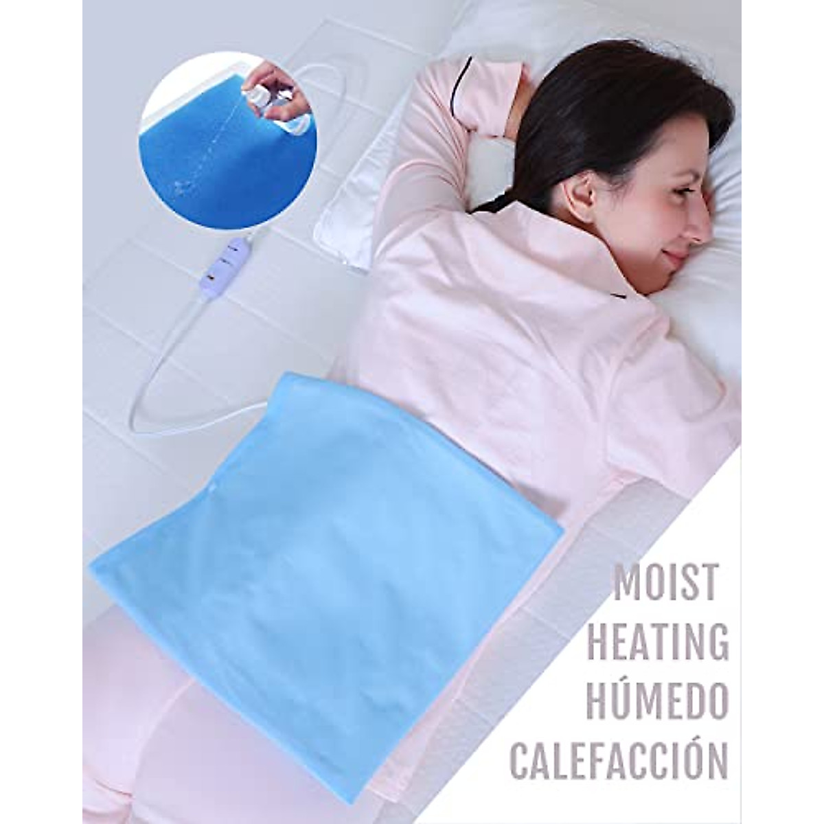 Boncare Stay On NO Auto-Off Hot Heating Pad for Cramps and Back Pain Relief Boncare 12” x 15” Small Fomentera Electrica Lumbar Moist & Dry Heat Washable Cover (Sky Blue)