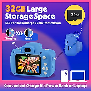 Kids Camera for Boys and Girls - BELLOCHIDDO Toddler Camera for Kids Toy Gift, Children Camera Christmas Birthday Gifts for Age 3-8 with 32GB SD Card, Selfie Camera Recorder 1080P IPS 2 Inch(Blue)
