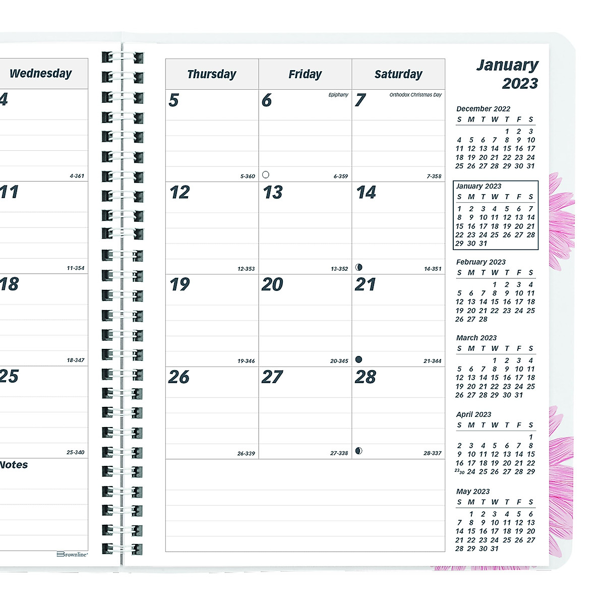 Brownline 2023 Pink Essential Monthly Planner, 14 Months, December 2022 to January 2024, Twin-Wire Binding, 8.875" x 7.125", Pink Daisy (CB1200G.05-23)