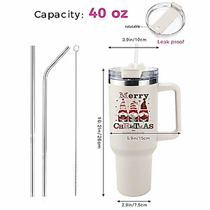 LB LEOBON 40 ounce insulated cup with handle, double-layer vacuum stainless steel material, equipped with straw, can keep warm or maintain cold drinks Christmas Text Gnome white