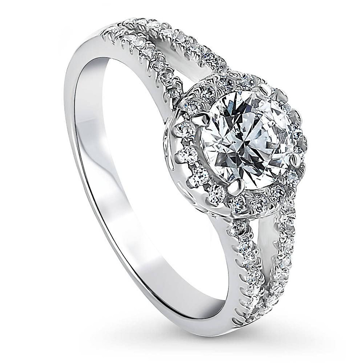 BERRICLE Sterling Silver Halo Wedding Engagement Rings Round Cubic Zirconia CZ Promise Split Shank Ring for Women, Rhodium Plated Size 7