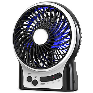 Mini Portable Battery Operated Desk Fan, Rechargeable & USB Powered Handheld Fan with Atmosphere Light & Flashlight, Strong Airflow, 3 Speeds, Small Personal Hand Held Fan for Desktop Camping (Black)