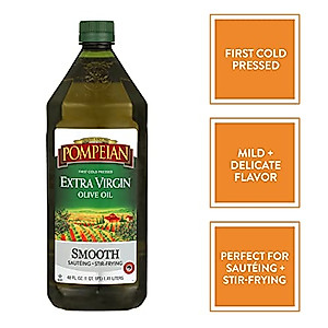 Pompeian Smooth Extra Virgin Olive Oil, First Cold Pressed, Mild and Delicate Flavor, Perfect for Sauteing and Stir-Frying, Naturally Gluten Free, Non-Allergenic, Non-GMO, 48 FL. OZ., Single Bottle