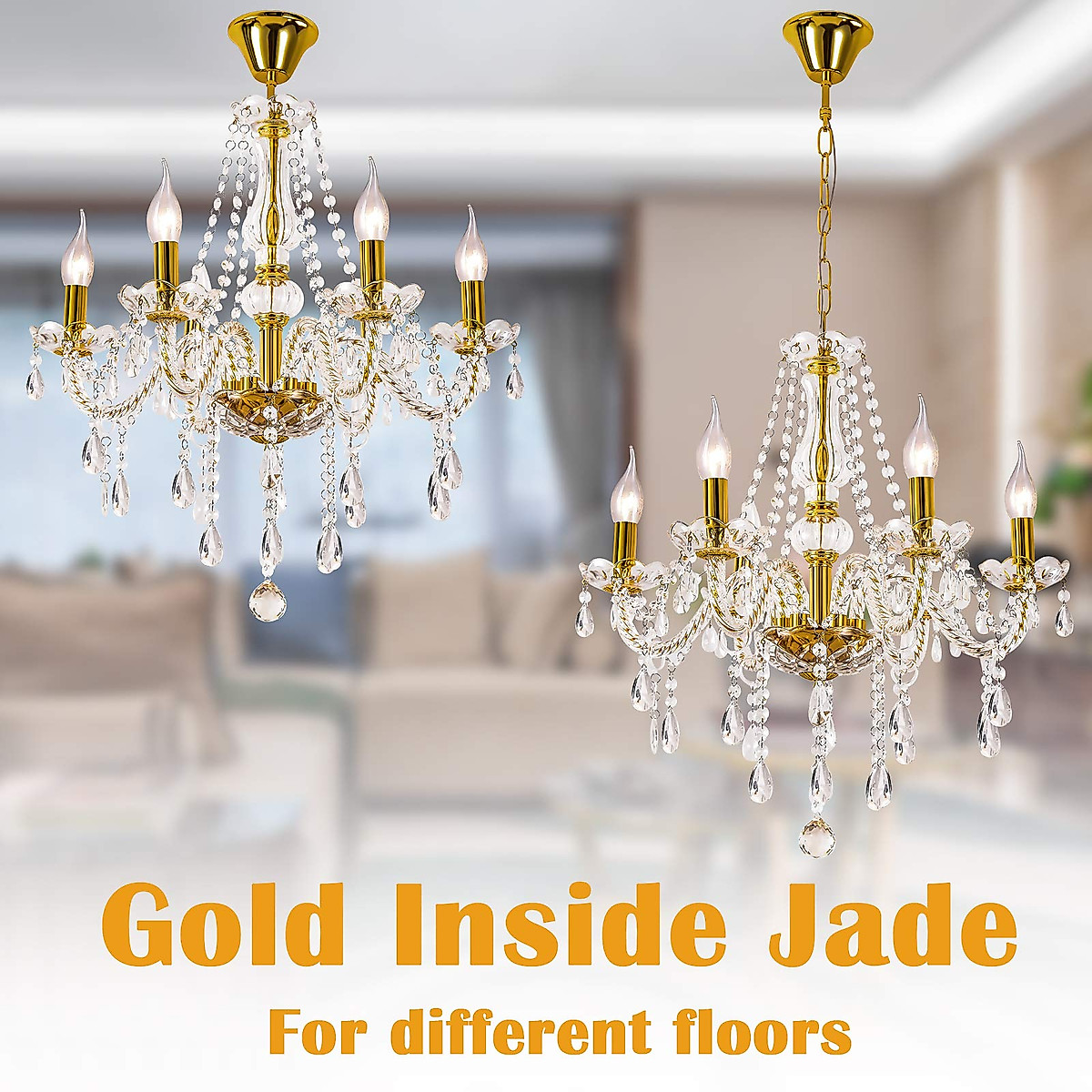 Gold Color Luxurious Candle Crystal Chandelier, 6 Lights K9 Modern Crystal Chandelier for Dining Room, Glass Ceiling Pendant Lamp for Living Bedroom Lighting Hall Balcony (6 Lights, Gold)