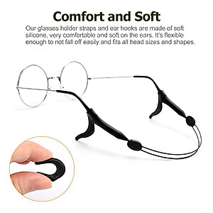 KAJUDA 4Pcs Adjustable Glasses Strap, Glasses Sport Strap Holder Sunglass Retainer, Upgrade No Tail Anti-Slip Eyeglass Straps and Ear Hook 8Pcs for Men Women (Black)