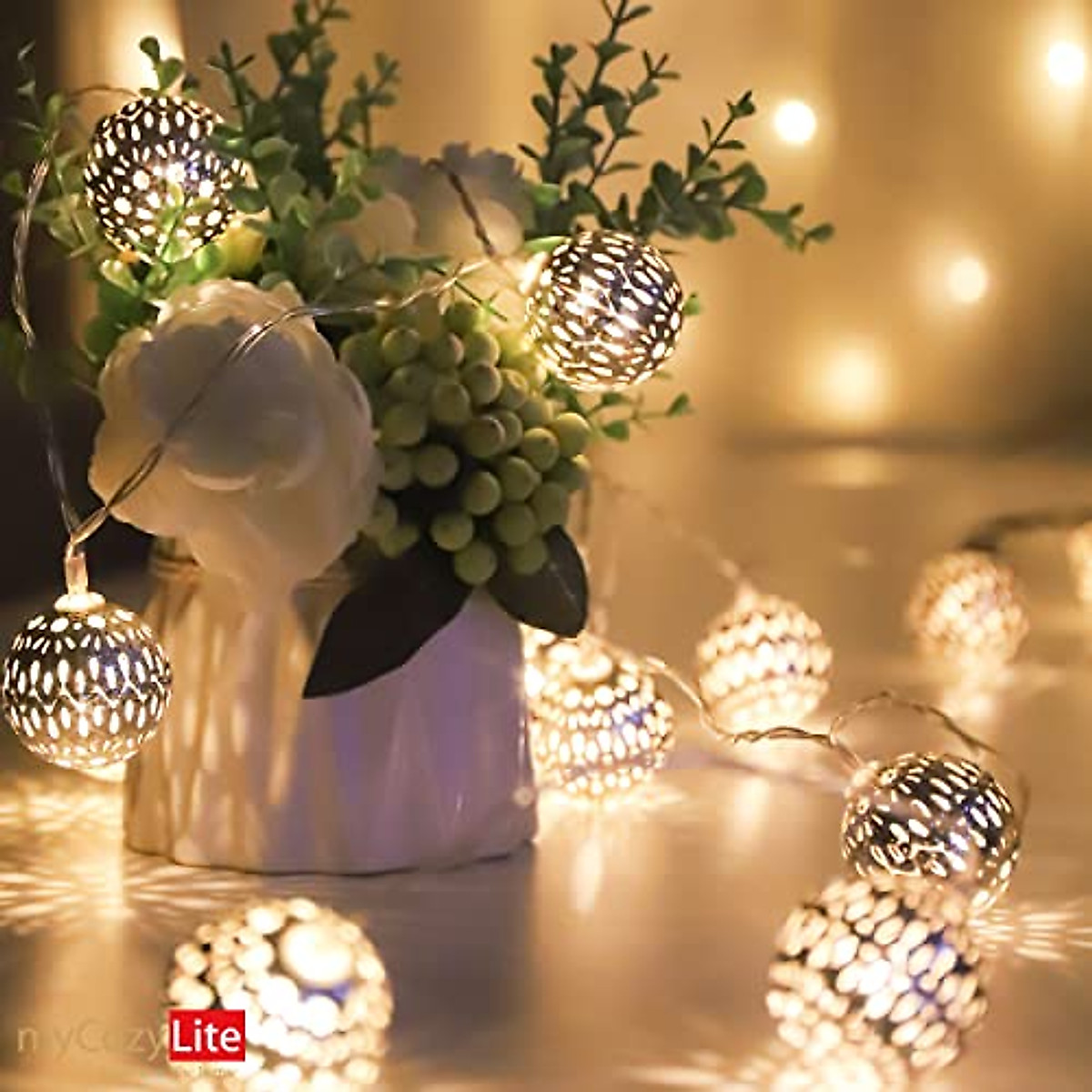 Moroccan String Lights Plug in 20 LED Globe Lights Silver Metal Balls for Wedding Party, Birthday, Christmas, Home Decor, Indoor Outdoor, 8 Functions, Timer, Unique Pattern, Connectable, 10 ft