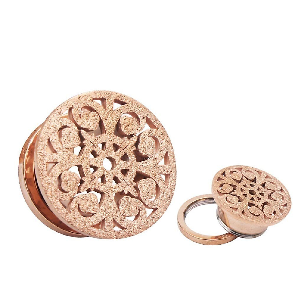 Frosted Filigree Flower Ear Plugs Tunnels Expander Gauges Stretcher Earrings Hollow-Out Screw Stainless Steel Piercing Body Jewelry (Rose Gold 1/2"(12mm))