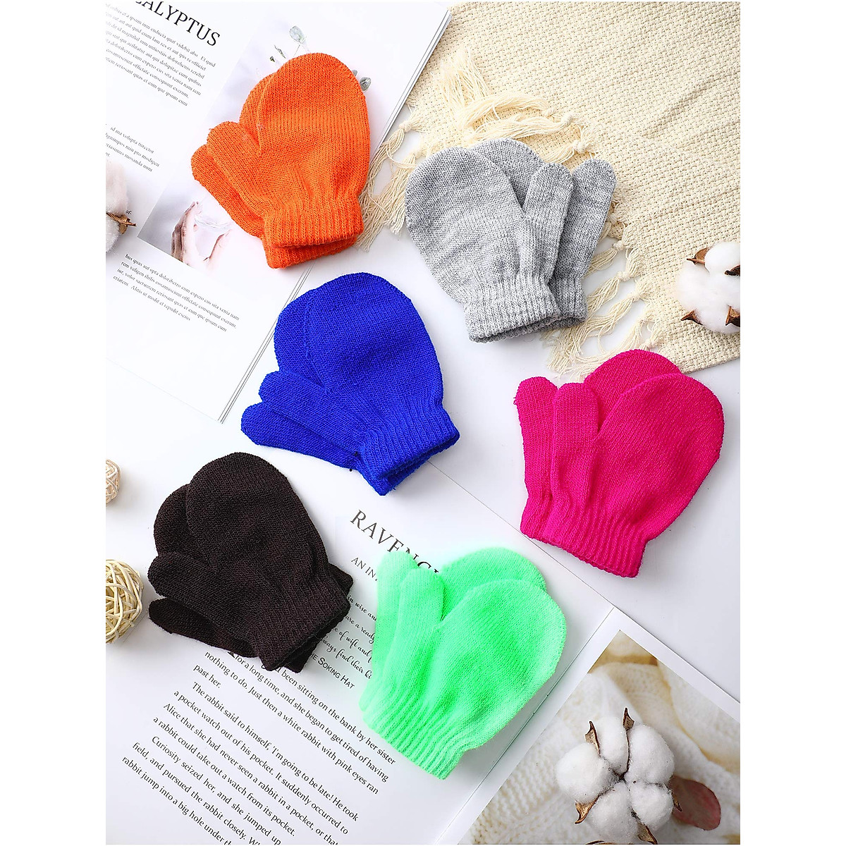 6 Pairs Winter Warm Knitted Mittens Gloves Stretch Mittens for Christmas Party Kids Toddler Supplies (Gray, Orange, Purple, Royal Blue, Blue, Rosy)