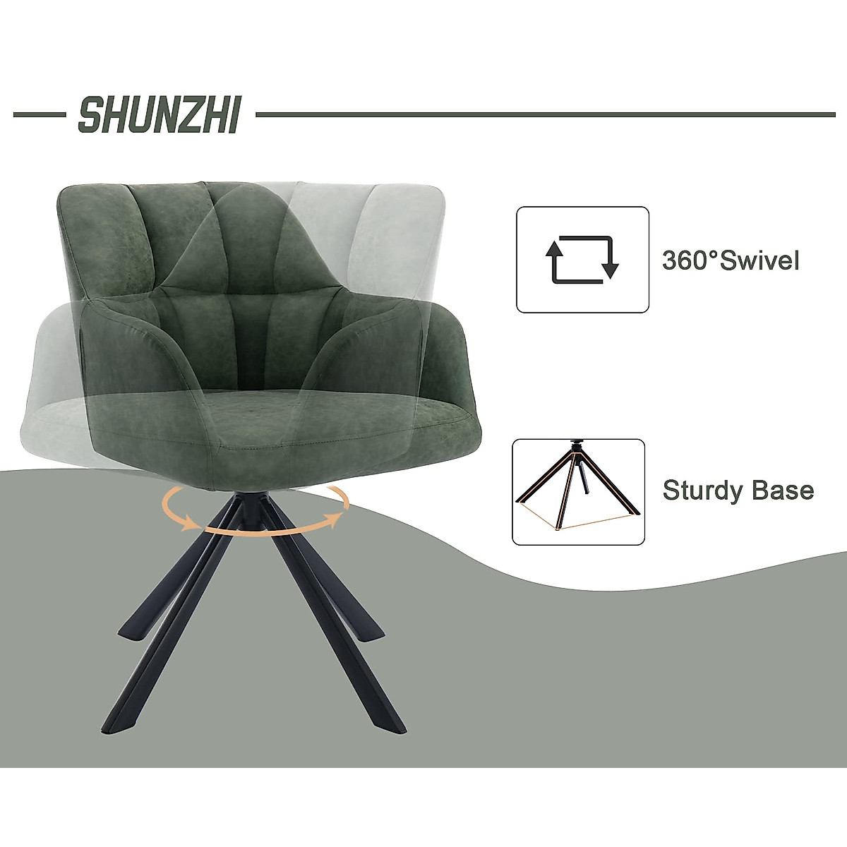 Shunzhi Modern Leather Desk Chair Swirl Office Chair No Wheels Comfy Computer Task Chair Metal Legs Upholstered Accent Arm Chair for Living Room/Bedroom/Small Spaces/Home Office, Green