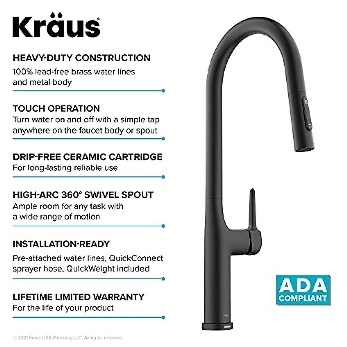 KRAUS Oletto Tall Modern Single-Handle Touch Kitchen Sink Faucet with Pull Down Sprayer in Matte Black, KTF-3101MB