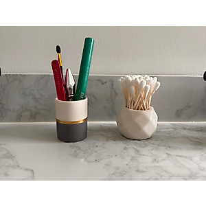 Home Haven Qtip Holder - White/Navy with Gold Stripe - Q Tip Holder for Bathroom, Bathroom Vanity Decor, Floss Pick Holder, Cotton Swab Holder, Bathroom Sink Decor, Flosser Holder, Cute Bathroom Decor