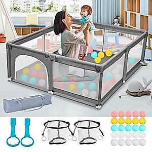PlayPen for Babies and Toddlers-Aukivon 71"x59" Extra Large Baby Playpen with Storage Bag Baby Playard with Door, 2 Pull Rings & 50 Ocean Balls for Kids for Indoor & Outdoor, Anti-Collision, Grey