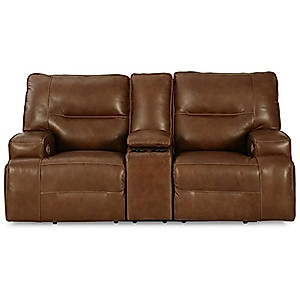 Signature Design by Ashley Francesca Modern Tufted Leather Power Reclining Loveseat with Console and Adjustable Headrest, Dark Brown