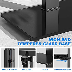 Rfiver Swivel Floor TV Stand with VESA Mount for 32 39 40 43 49 50 55 60 65 70 Inch Flat Screens/Curved TVs, 3-Shelf Tall Narrow TV Stand with Tempered Glass Base, Black Height Adjustable Mount Stand