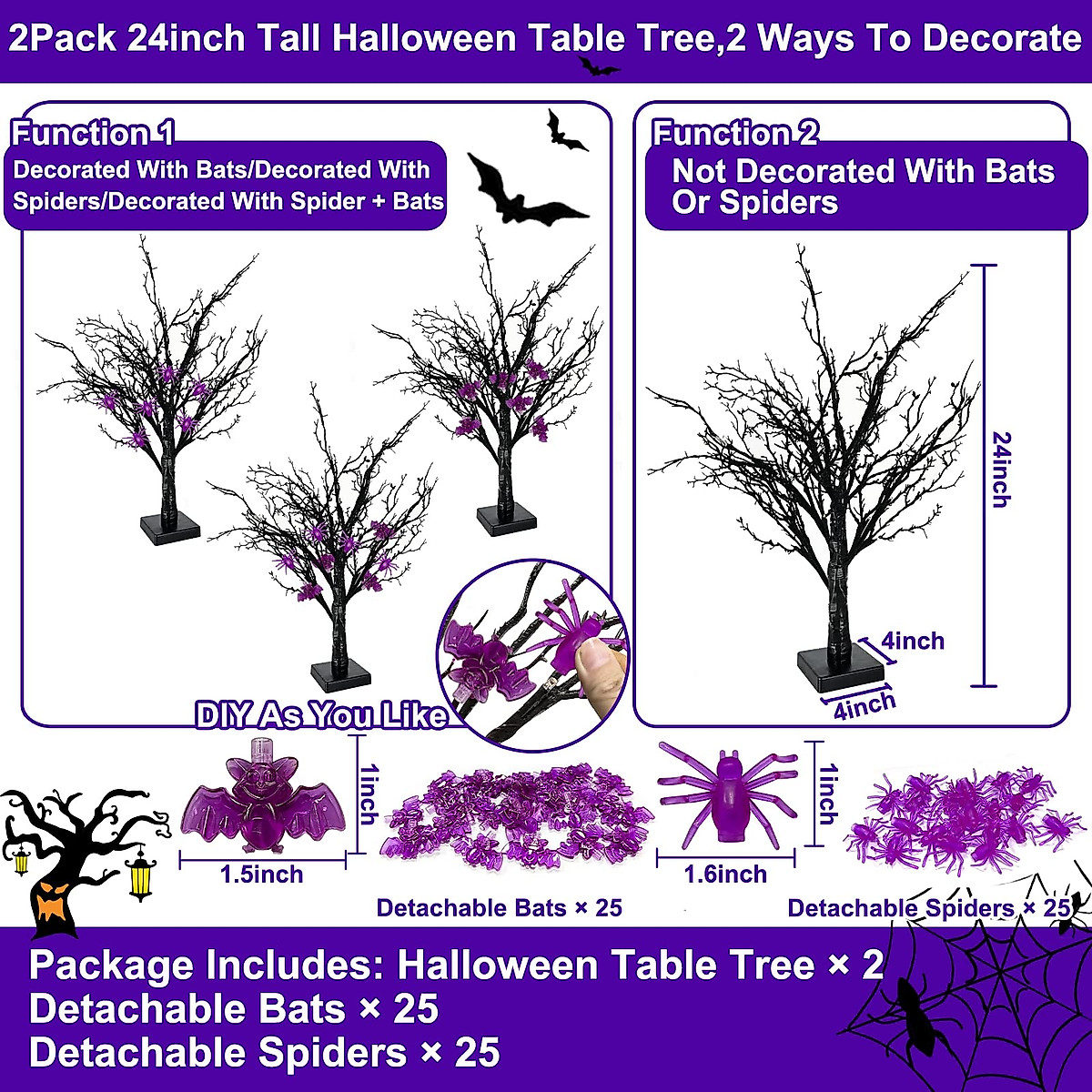 [ 2 Pack & Timer ] 24 Inch Prelit Halloween Black Tree Halloween Decorations Artificial Spooky Tree Battery Powered Total 48 LED Purple Lights DIY 25 Spider & 25 Bat Tabletop Indoor Home Party Decor
