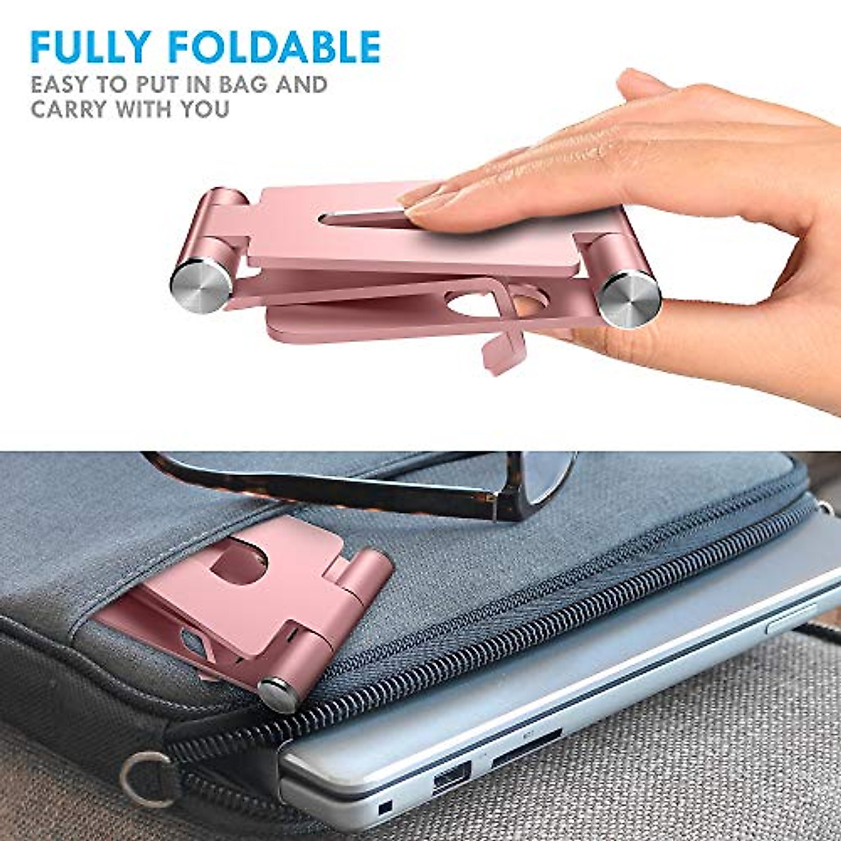 Aduro U-Rise Adjustable Phone Stand Foldable Aluminum Steel Universal Cell Phone Holder Portable Cell Phone Stand for Desk Rose Gold