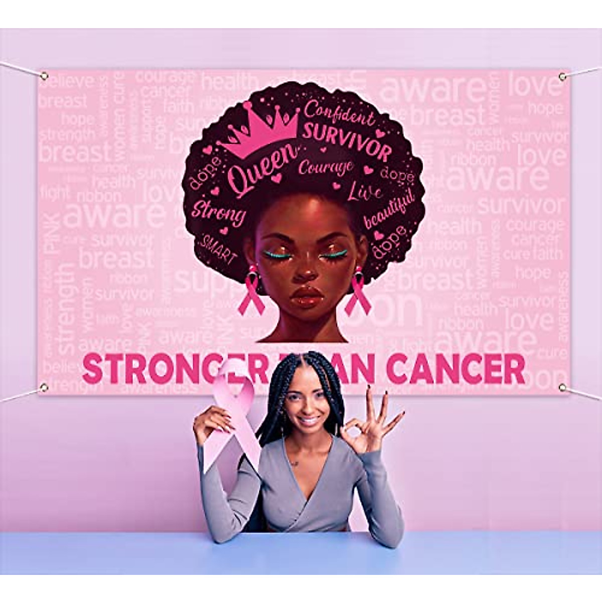 Pudodo Breast Cancer Awareness Backdrop Banner Stronger Than Cancer Pink Ribbon Support Photography Background Wall Decoration