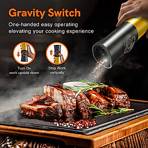 Gravity Electric Salt and Pepper Grinder Set - USB Rechargeable，Automatic Salt Pepper Mill with 5 Adjustable Coarseness, Ceramic Grinder with Bottom Cap, White LED Lights
