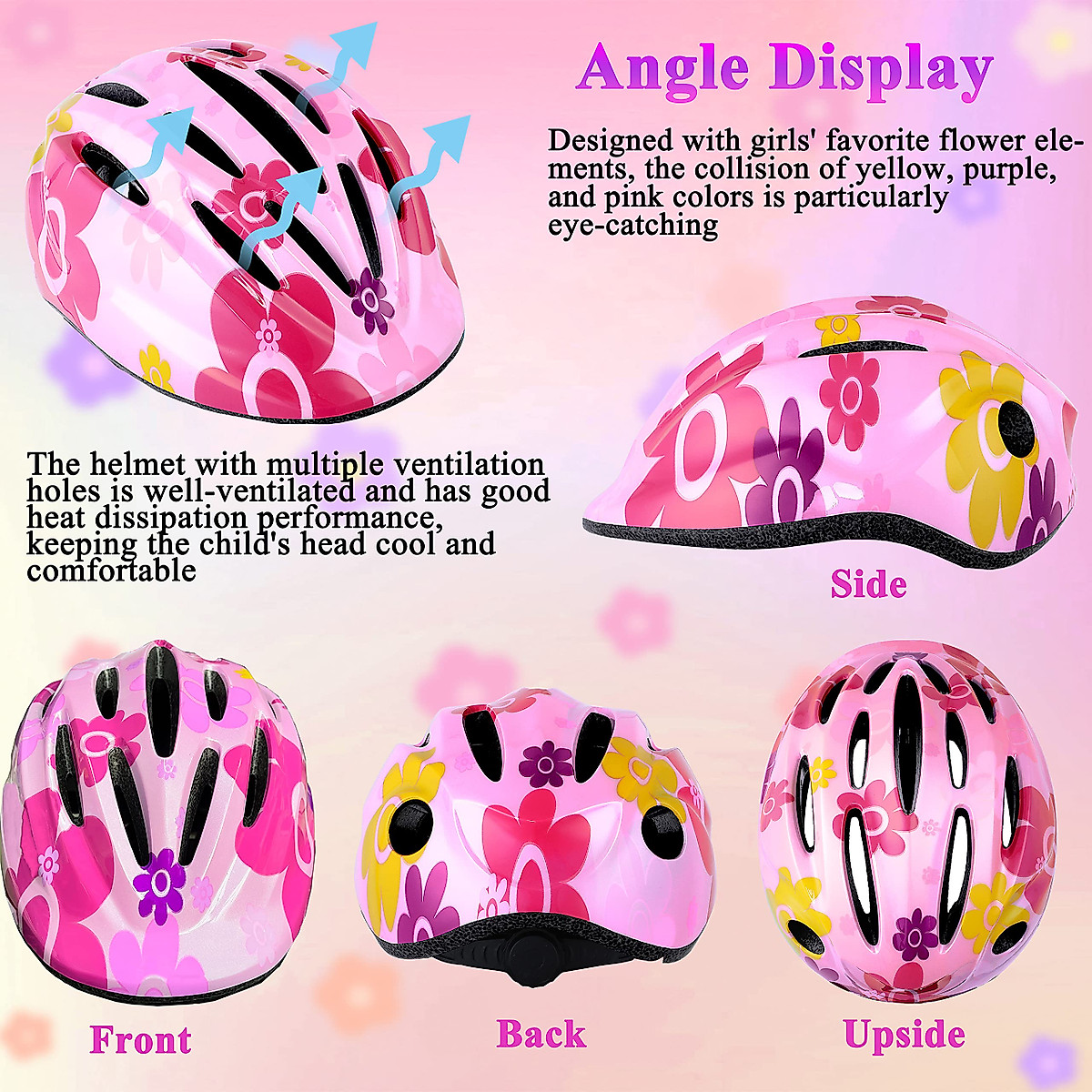Lamsion Kids Helmet Adjustable with Sports Protective Gear Set Knee Elbow Wrist Pads for Toddler Ages 3 to 8 Years Old Boys Girls Cycling Skating Scooter Helmet-(Pink Sun Flower)
