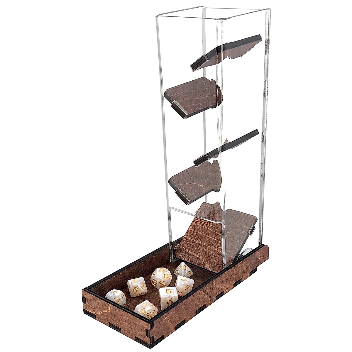 C4Labs Dice Tower & Tray | Clear with Wooden Paddles | Watch The Dice Decide (Walnut)
